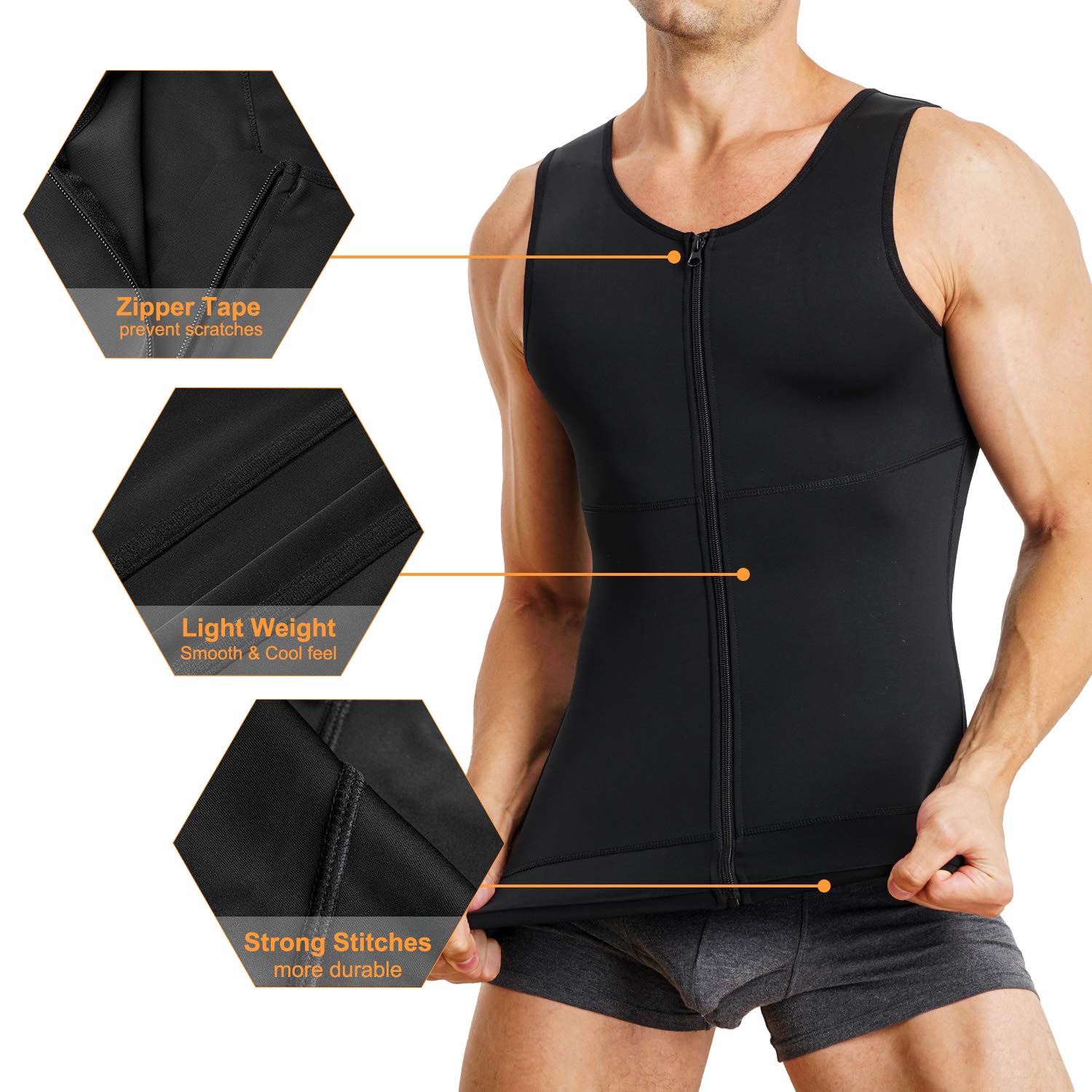 MOLUTAN Mens Compression Shirt Belly Slimming Body Shaper Vest Sleeveless Zipper Undershirt Tank Top Shapewear for Stomach and Back (Black, Small)