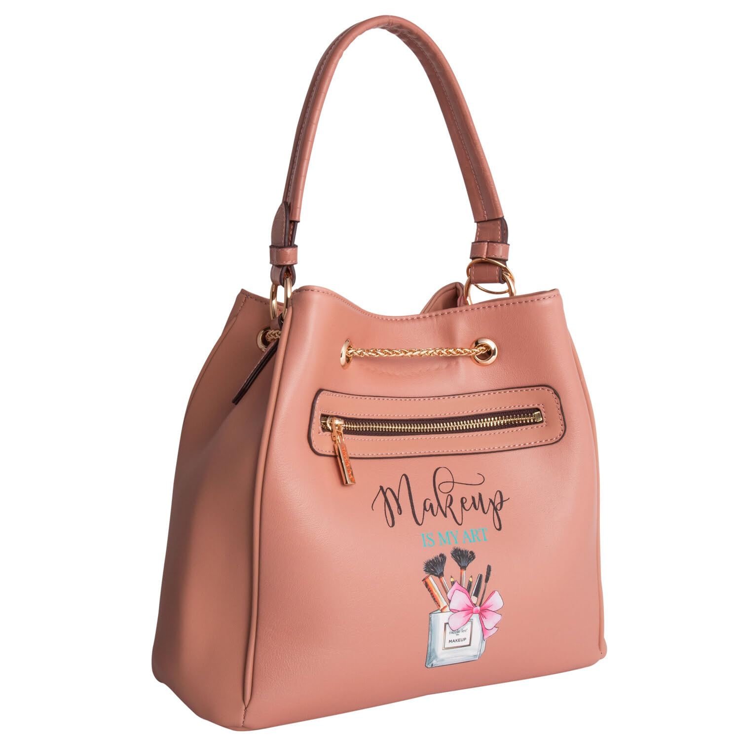 Nicole Lee Amor Fuera del Cuadro Drawstring Bag, Pink Makeup Beauty Fashion Print with Embellishments, Rhinestones
