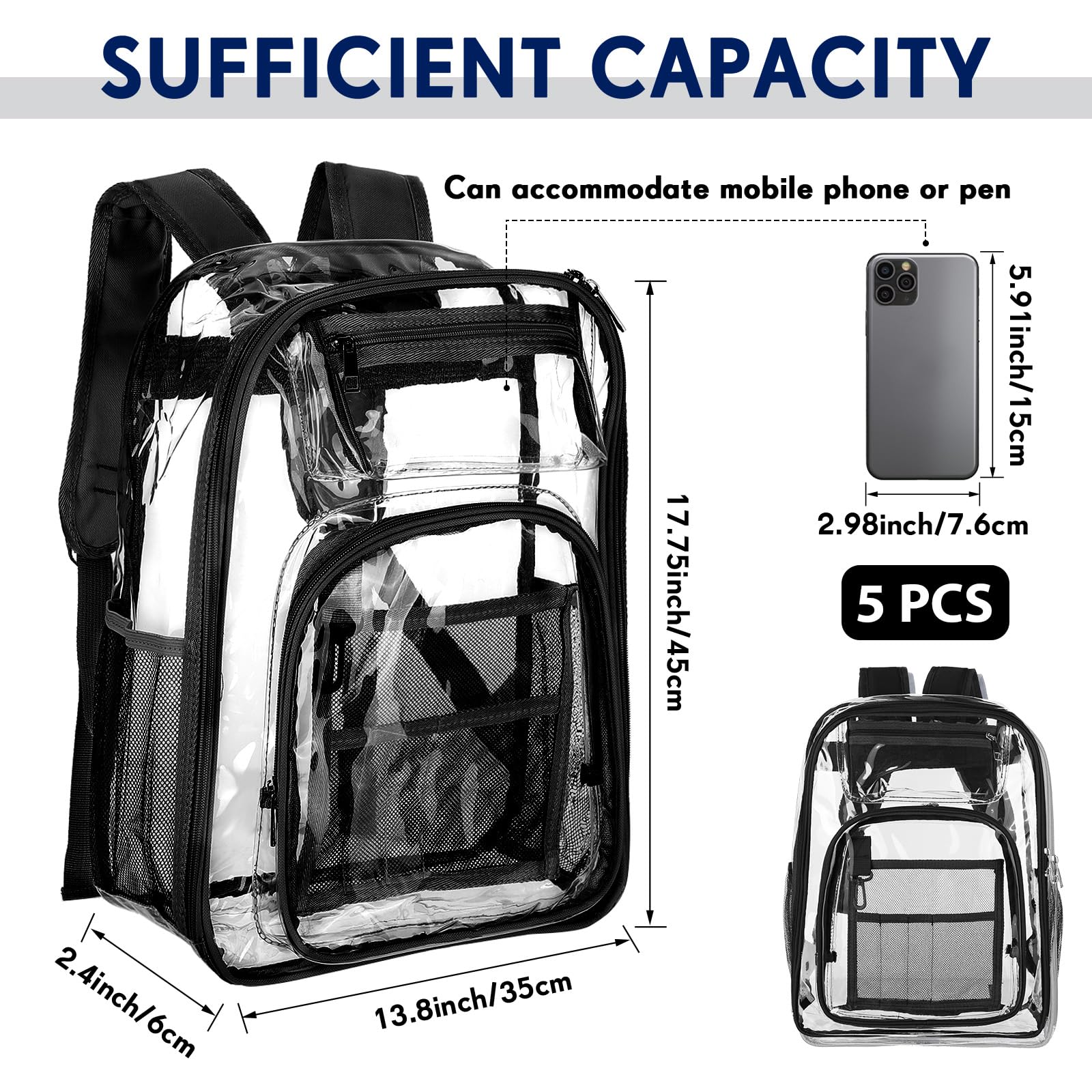 PerKoop 5 Pack Clear Backpack Bulk for Students Heavy Duty PVC Transparent School Bag See Through Bag for Women Men Kids (Black)