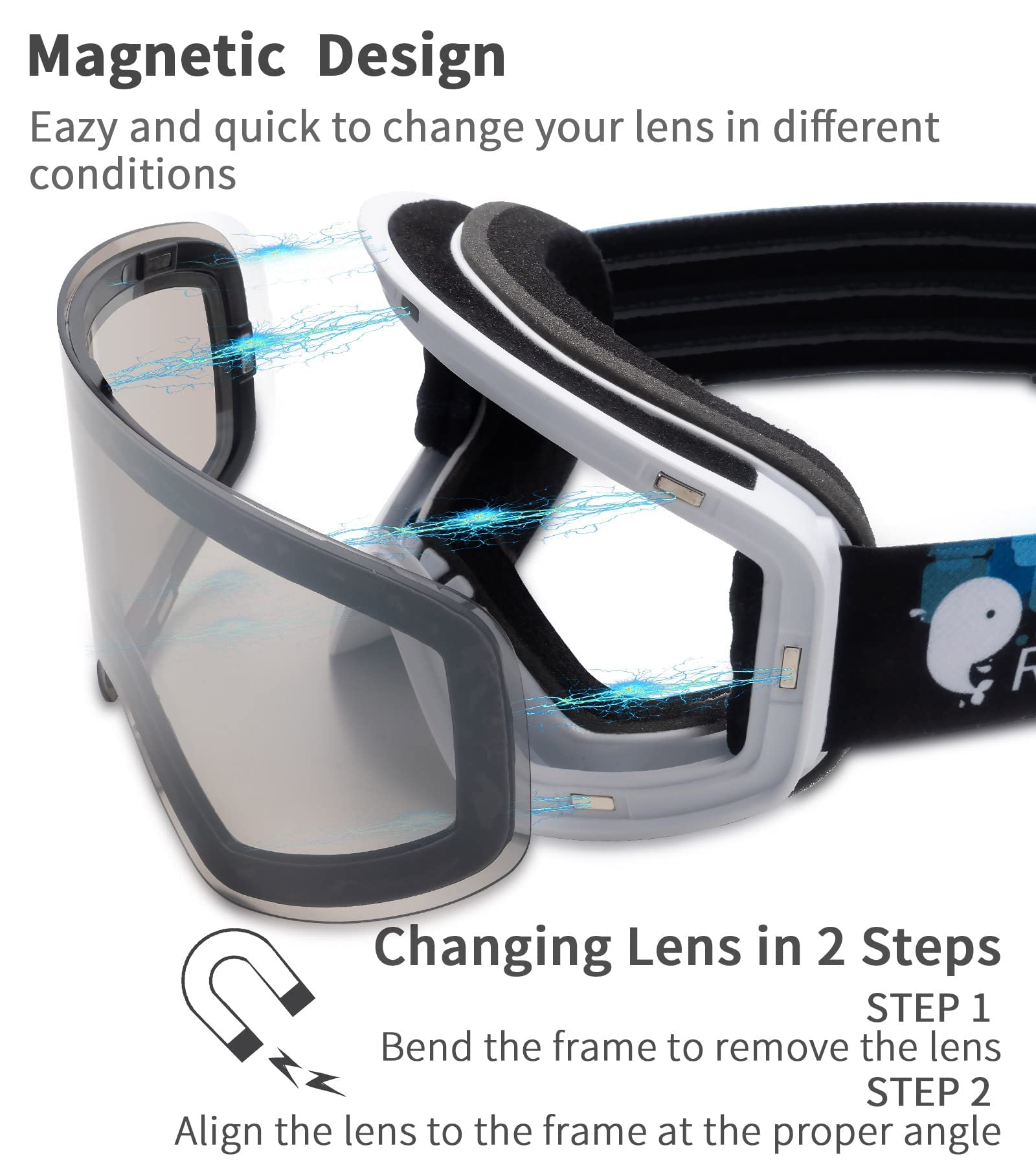 RABIGALA Ski Goggles with Detachable Lens, Frameless Magnetic Interchangeable Lens Anti-Fog 100% UV Protection Snowboard Snow Goggles (silver/blue)