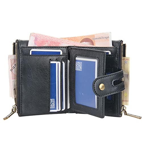 SUMGOGO Wallets for Men Bifold Leather Wallets with Chain RFID Blocking Double Zipper Coin Pocket Short Purse (Black)