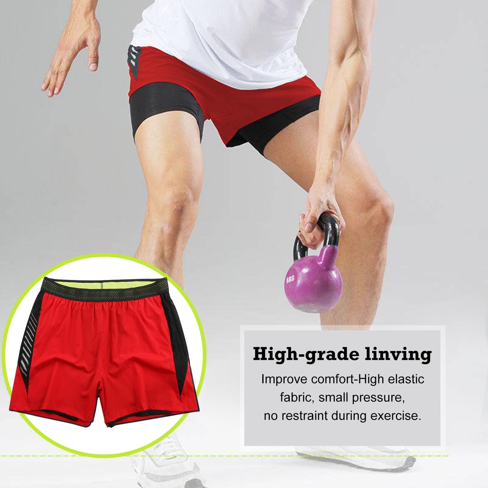 Surenow Men's 2 in 1 Running Shorts, 5" Workout Breathable Shorts, Quick Dry Gym Training Jogging Short with Phone Pocket Red