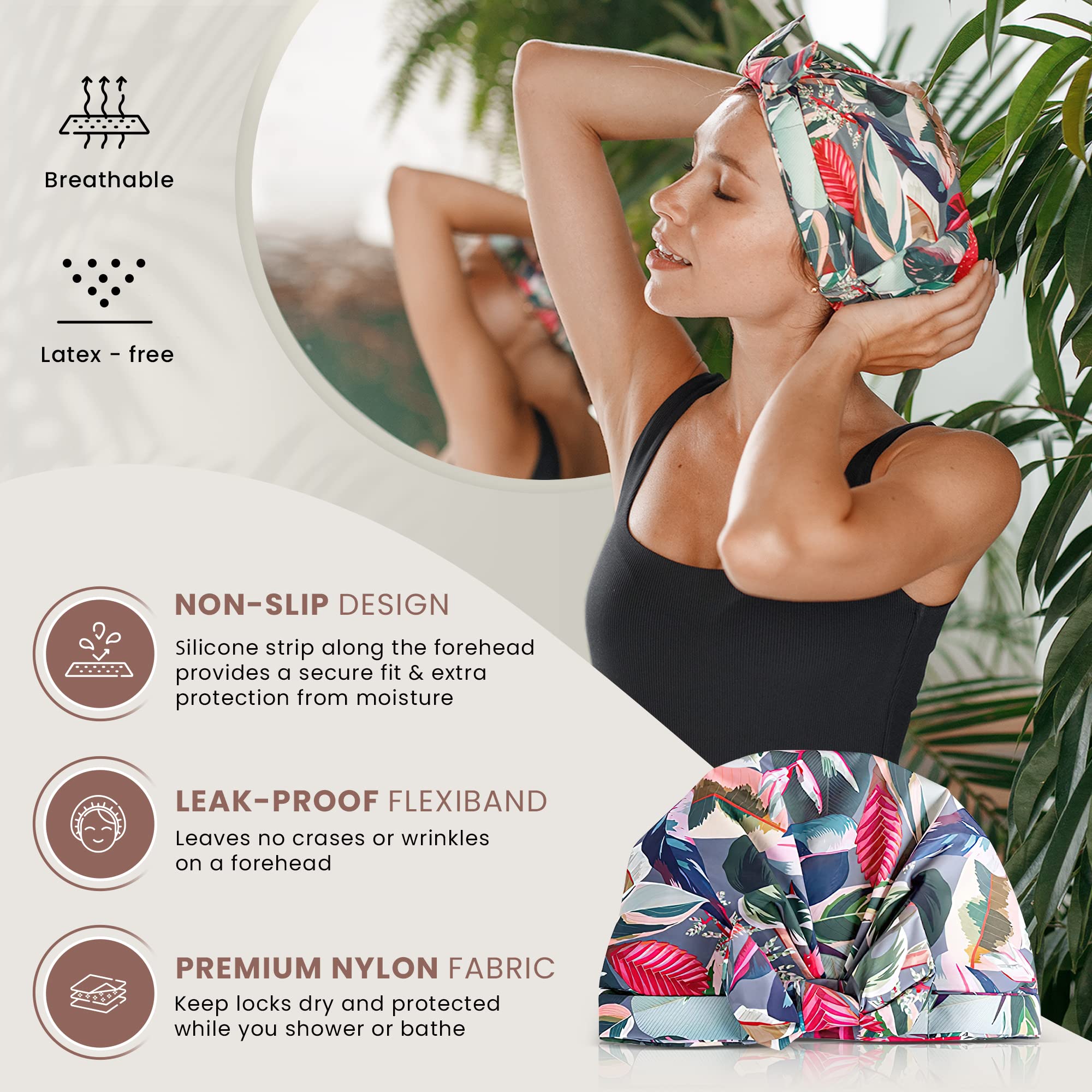 Reusable Shower Cap for Women β Leakproof, Nonslip Hair Cap for Shower w/Comfy Flexiband β Soft, Breathable Shower Caps for Women Reusable Waterproof β Durable Shower Cap by SMPL OBJECTS (Tropical)