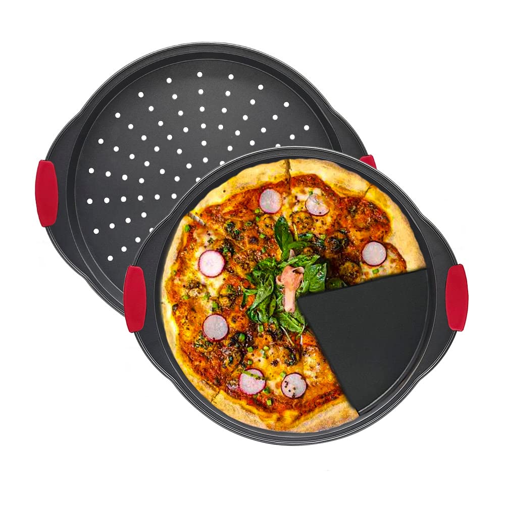 VDGPWA 12 Inch Non-Stick Pizza Tray-With Silicone Handle,Carbon Steel Without Hole and With Hole Pizza Tray,Round Pizza Bakeware Crisper Pan for Home Baking,Kitchen,Restaurant Oven (2 Pack)