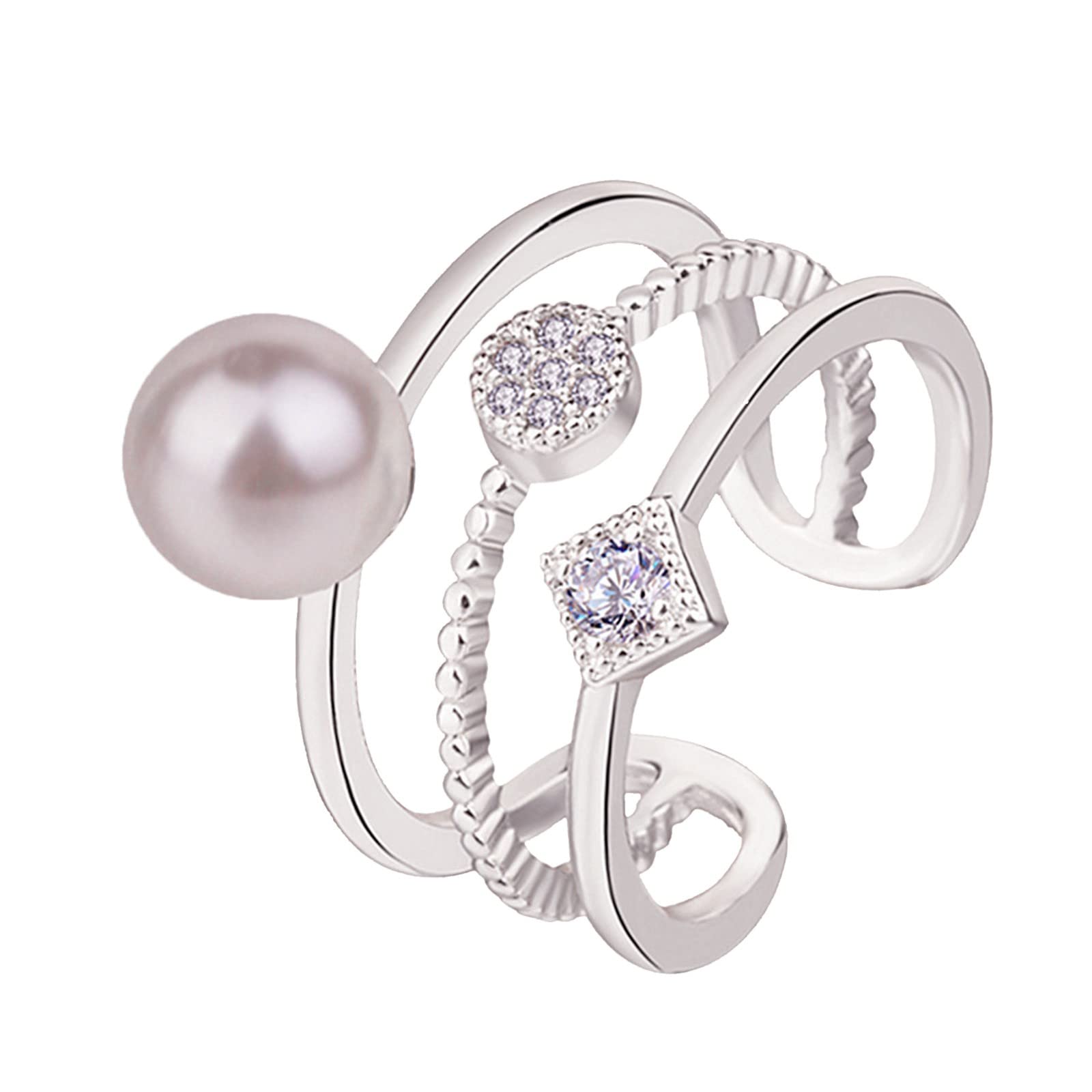 Outsta Toys Women Pearl Ring,925 Sterling Silver Cubic Zirconia Ring Opening One Size Wedding Rings Sliver Ring-114