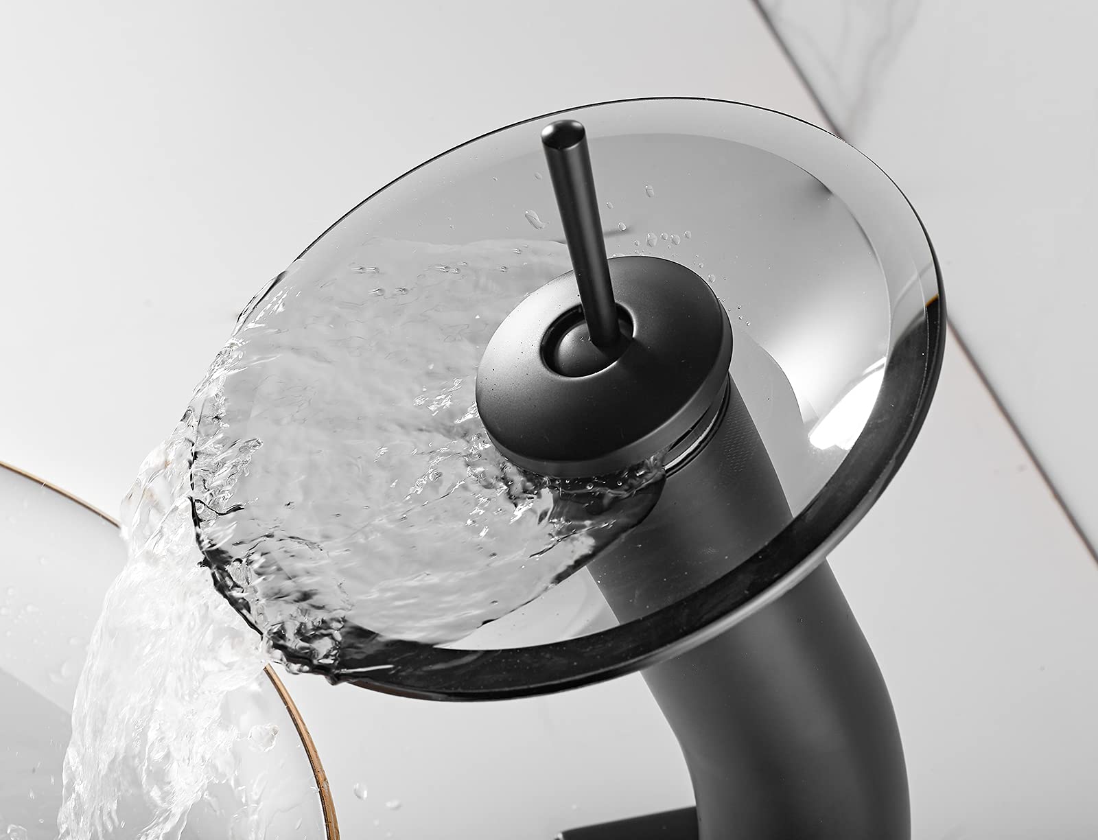 Waterfall Black Bathroom Vessel Faucet Glass Spout 360° Swivel Single Handle One Hole Solid Brass Bowl Faucet Bath Lavatory Vessel Sink Vanity Faucet Tall Body for Above Counter Sink