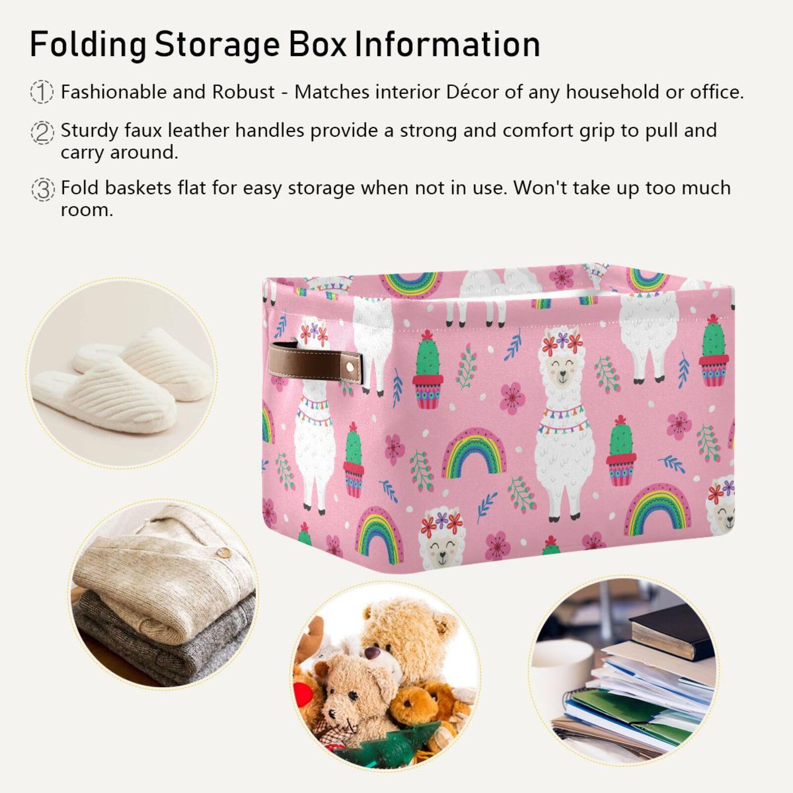 Pink Llama Rainbow Storage Basket Bins Foldable Laundry Hamper Toy Storage Bins Box Organizer for Playroom Living Bed Room Office Clothes Nursery,1 pcs