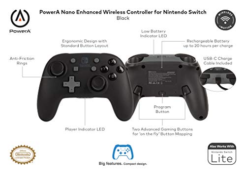 PowerA Nano Enhanced Wireless Controller for Nintendo Switch - Black, Works with Nintendo Switch Lite, Bluetooth Controller, Gamepad, Compact, Smaller, Rechargeable, Portable - Nintendo Switch