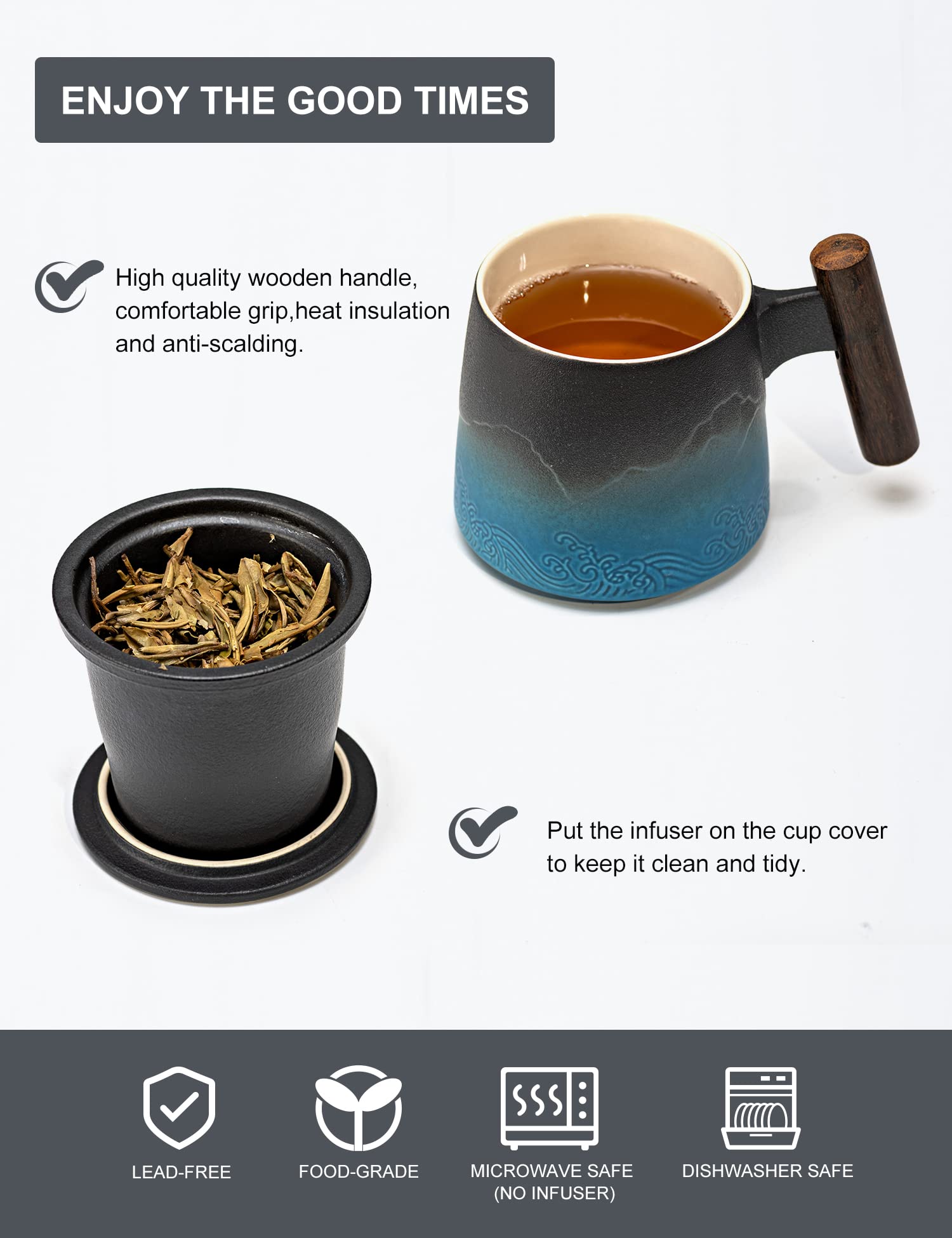 suyika Ceramic Tea Cup with Infuser and Lid Tea Mugs Wooden Handle for Steeping Loose Leaf Tea 400ml, 13.5 oz, Gradient Navy Blue & Black
