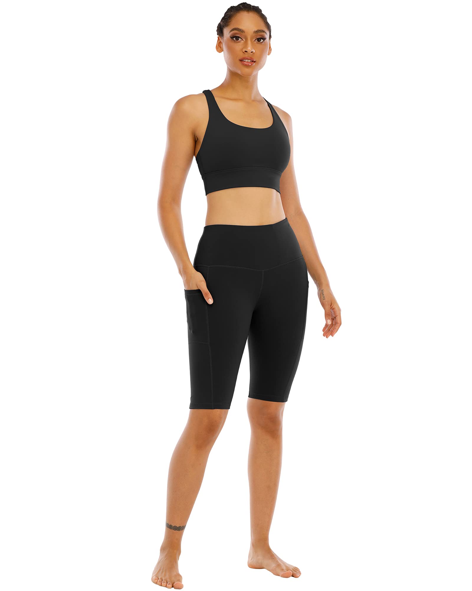 WHOUARE 4 Pack Biker Yoga Shorts with Pockets for Women,High Waisted Athletic Running Workout Gym Shorts Tummy Control,Black,Navy,Dark Gray,Brown,L