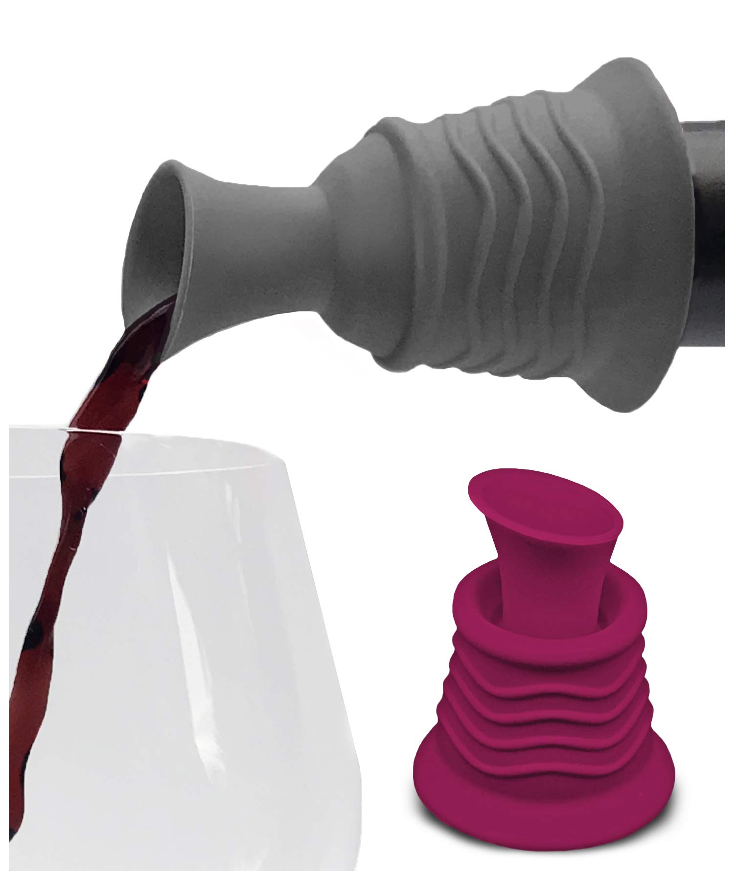 Wine Stopper and Pourer 2 Pack ā Pink and Gray Silicone Wine Accessories to Serve Wine More Easily by Simply Charmed