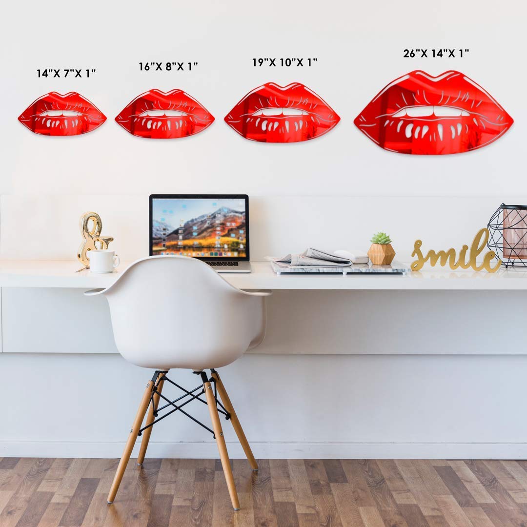 Mirror Lips 3D Wall Art - Ready to Hang Acrylic Wall Decorations for Bedrooms, Dorms, Living Rooms & More - Hand Assembled & Made in The USA - Modern Home Decor (16"W x 8"T, Gold)