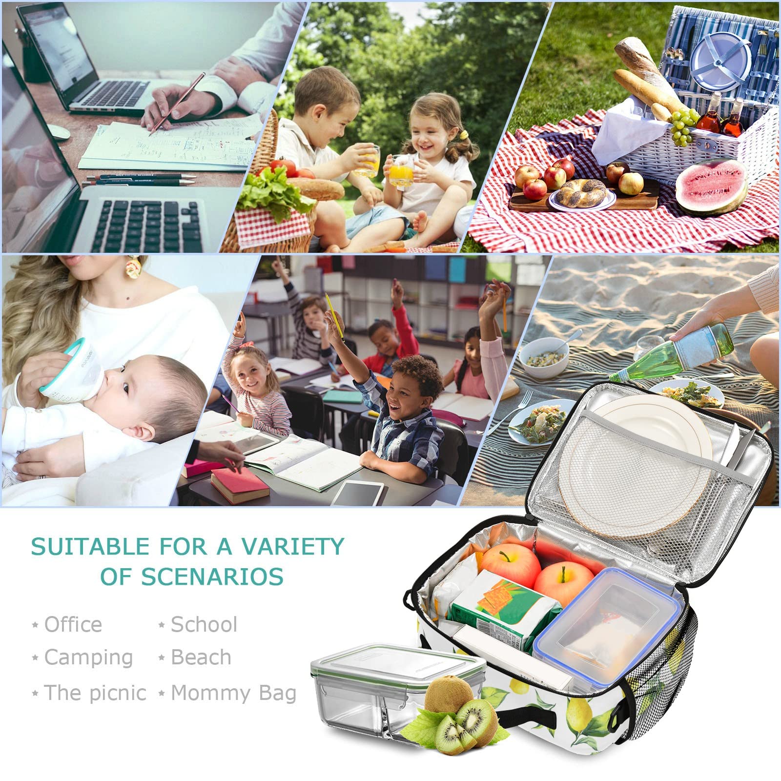 VIGTRO Vintage Lemon Spring Lunch Bag, Leak-proof Durable Lunch Box with External Mesh Bottle Holder, Reusable Insulated Lunchbox Tote/Cooler Bag for Kids Age Over 3 Years Old