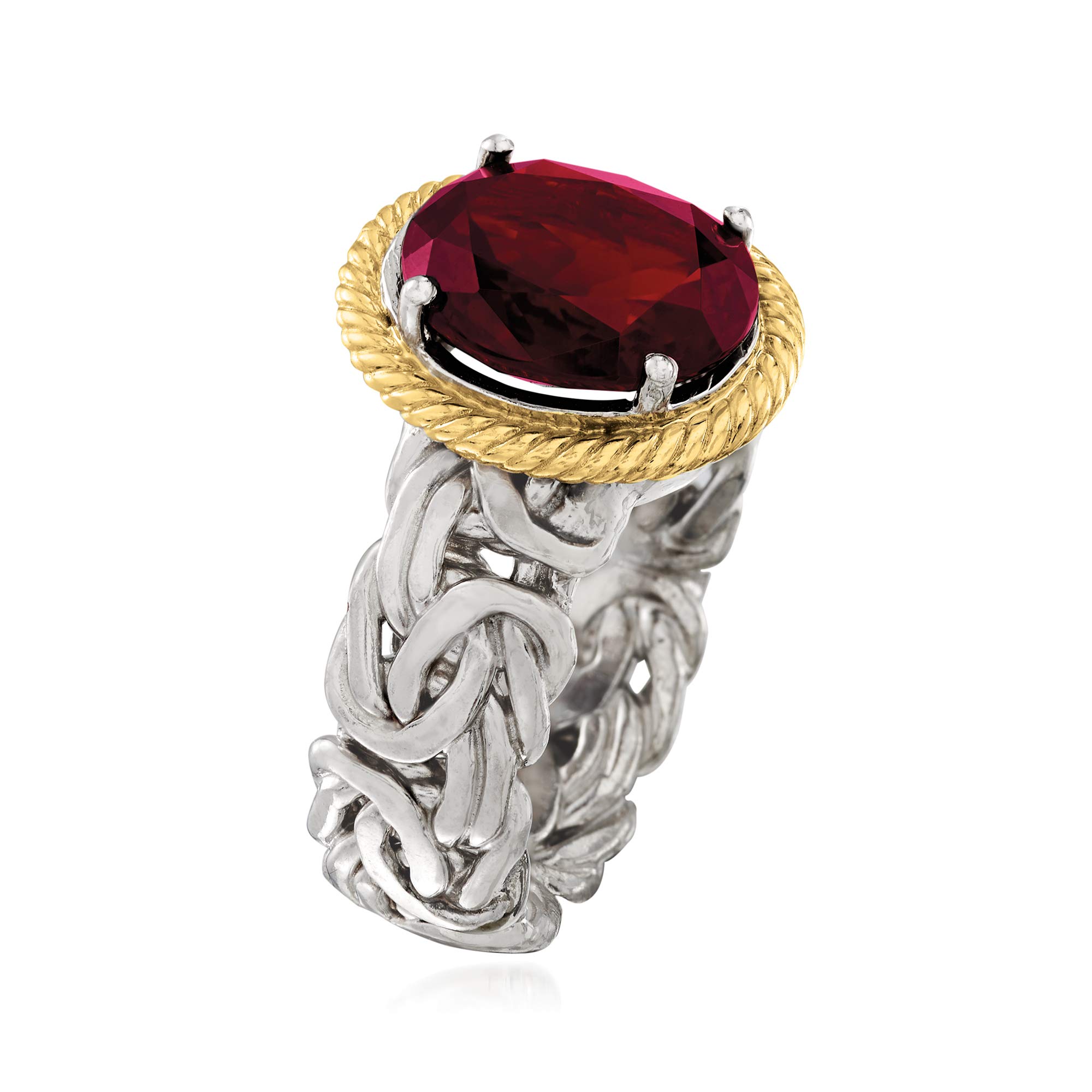 Ross-Simons 3.40 Carat Garnet Byzantine Ring in Sterling Silver and 14kt Yellow Gold. Size 10