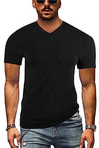 Viwedo Men's V Neck T Shirts Casual Stylish Fitted Elasticity Tees for Men Black