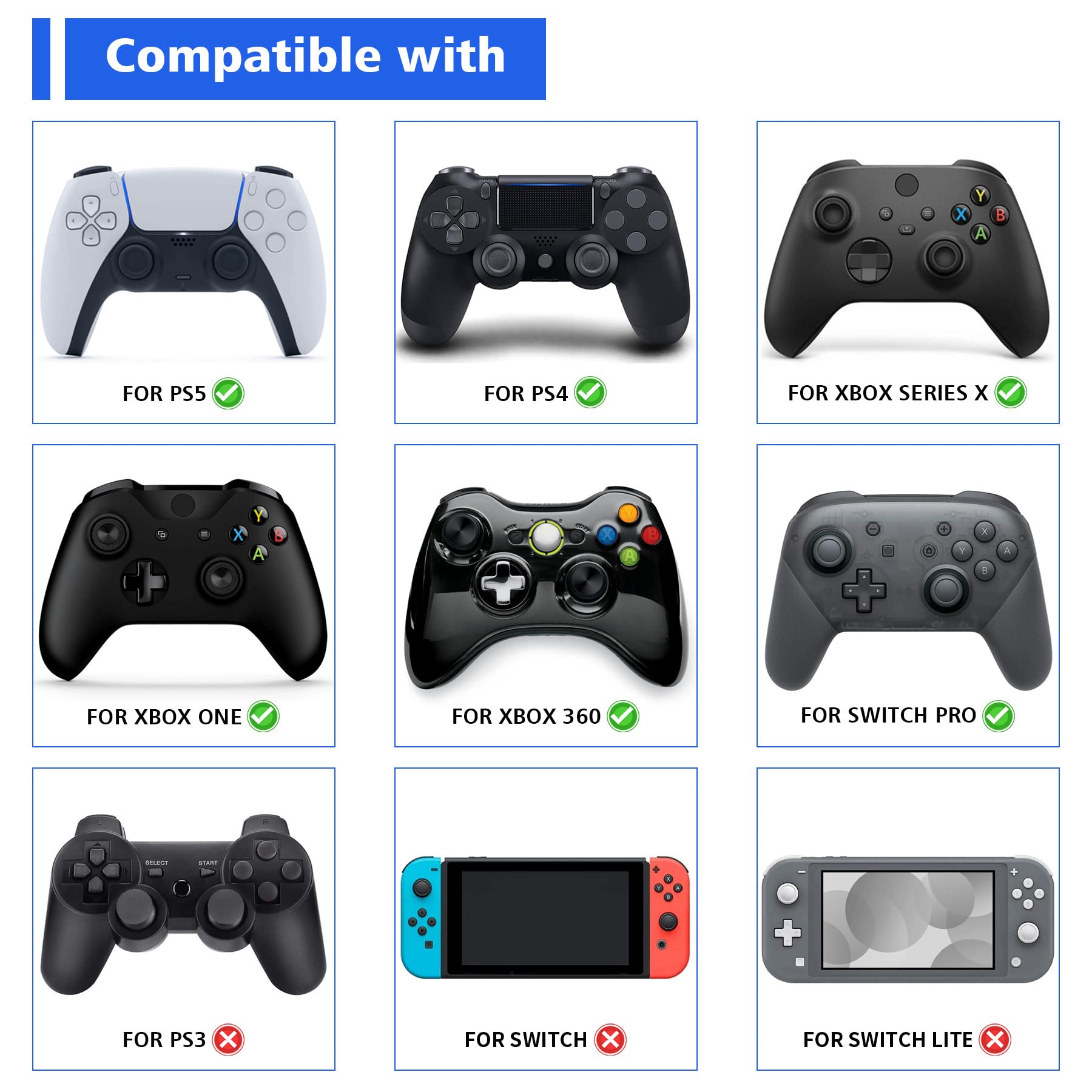 PlayVital Blue Ergonomic Stick Caps Thumb Grips for PS5/4, Xbox Series X/S, Xbox One, Xbox One X/S, Switch Pro Controller - with 3 Height Convex and Concave - Diamond Grain & Crack Bomb Design