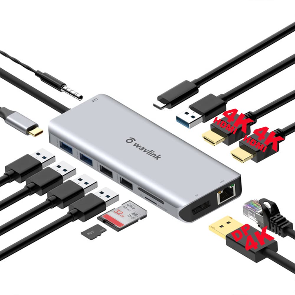 WAVLINK USB C Hub/Docking Station,Triple Display Type-C Adapter for MacBook Pro,Dell XPS 13/15,HP,Lenovo Yoga (2 HDMI,DisplayPort,Ethernet,USB 3.0/2.0,SD/TF Card Reader,Audio Jack,89W PD3.0)