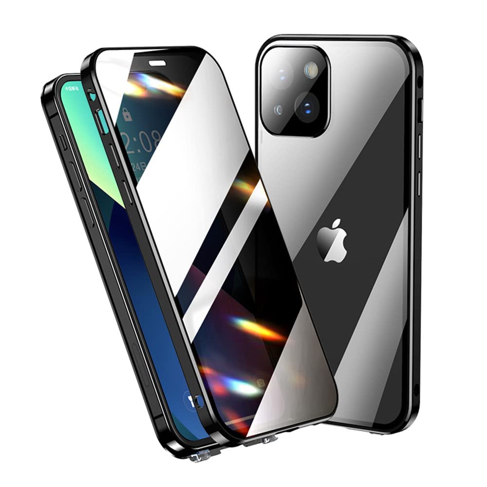 SXLYFD Double Sided BucKle iPhone Case 13 Pro Max, with Camera Cover Clear and Built in Screen Protector, Two Sided Tempered Glass Full Body Protection Metal Bumper Case,BlacK