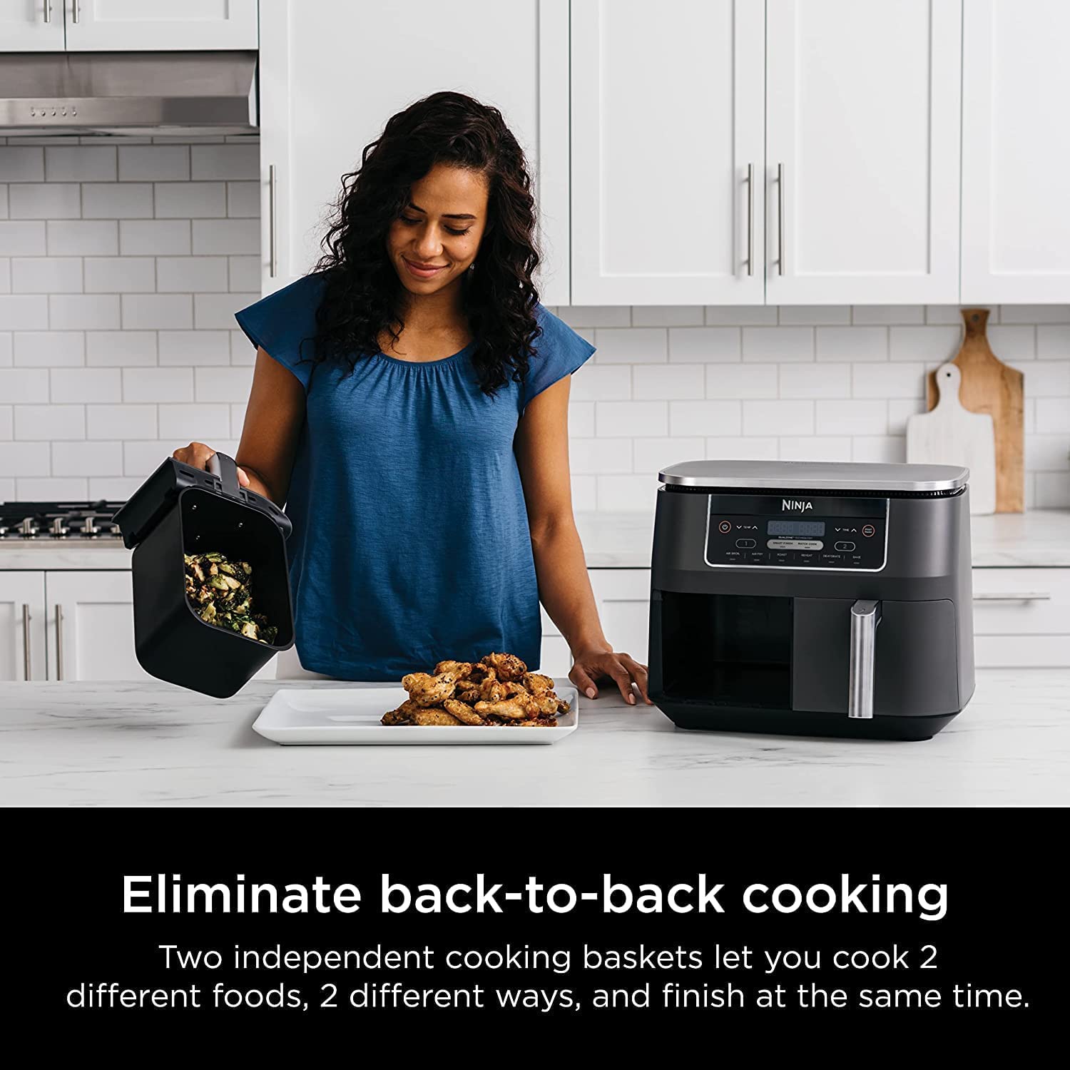 Ninja DZ201 Foodi 6-in-1 2-Basket Air Fryer with DualZone Technology, 8-Quart Capacity -Dark Grey Stainless- (Renewed)