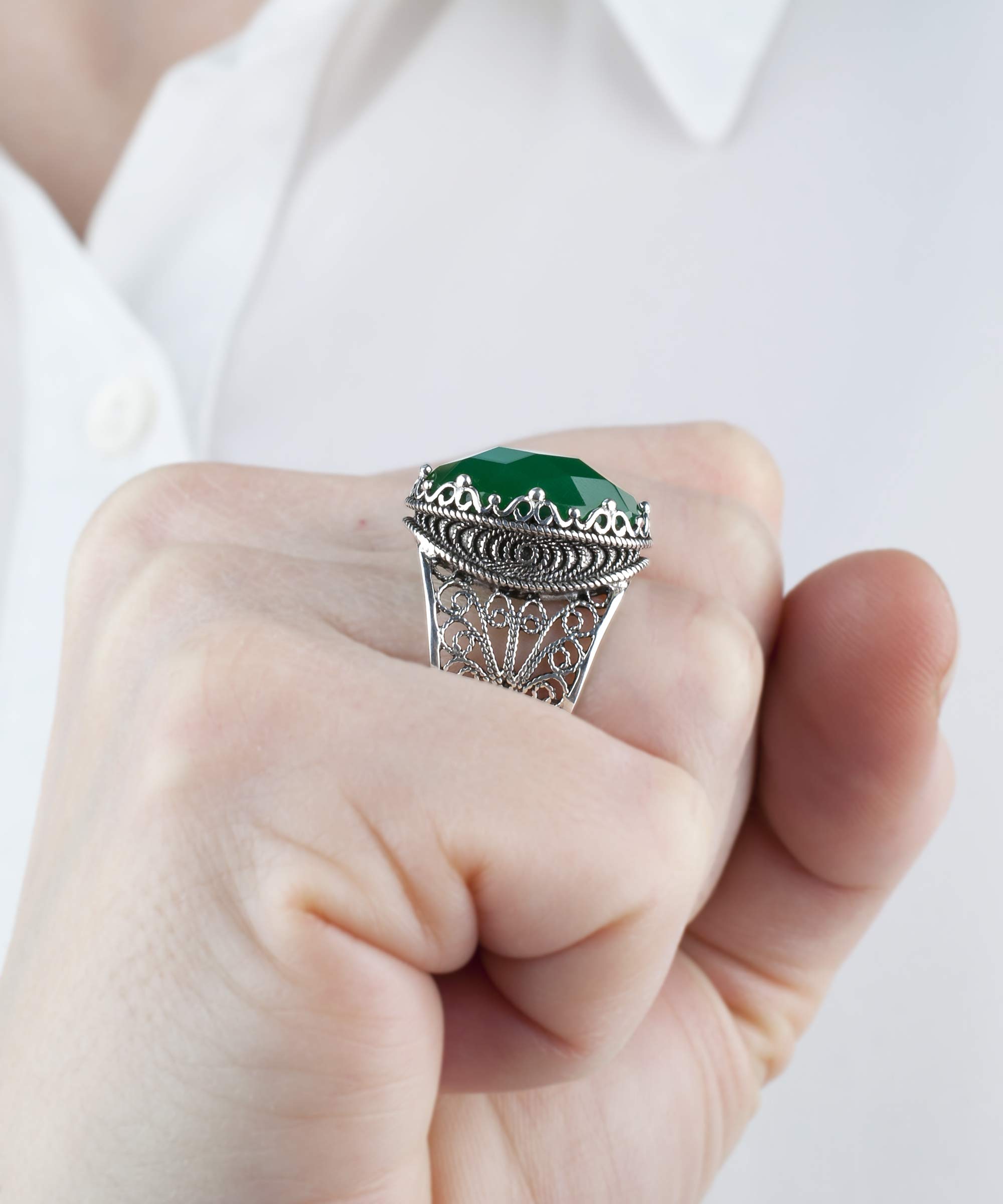 Ottoman Silver Collection 925k Sterling Silver Handmade Artisan Crafted Oval Filigree Ring with Green Agate Gemstone Unique Eyecatcher Designer Gift For You and Your Precious Beloved (Size 5-12) (10)