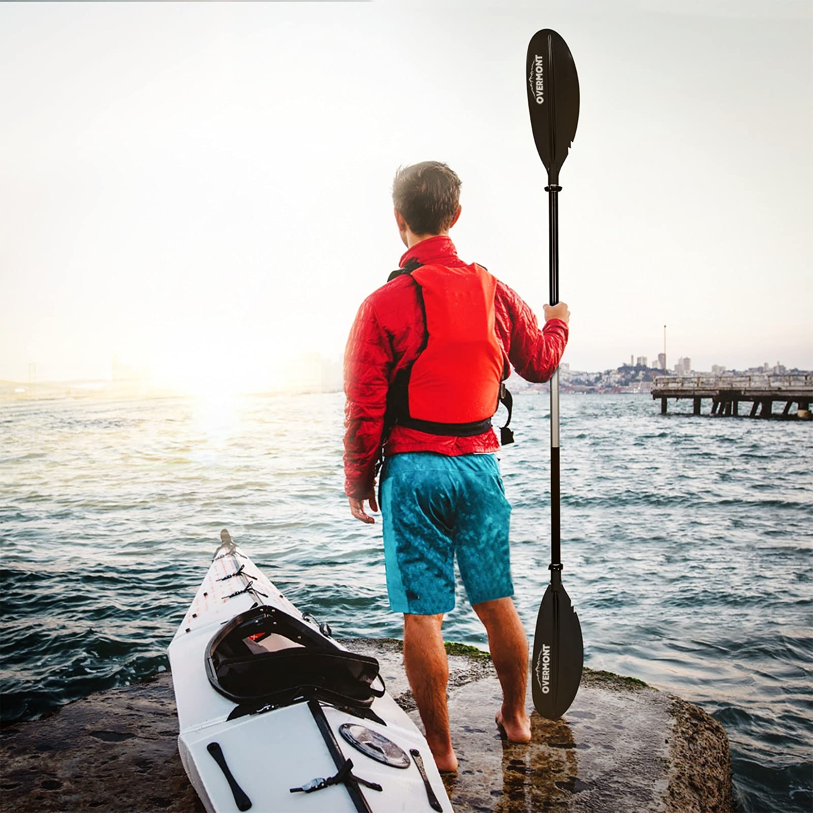 Overmont Kayak Paddle 230cm/90.5in Heavy Duty Aluminum Alloy Lightweight Boating Oar for Inflatable Kayaks with Paddle Leash