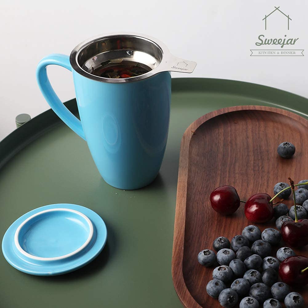 Sweejar Porcelain Tea Mug with Infuser and Lid,Teaware with Filter, Loose Leaf Tea Cup Steeper Maker, 16 Fl Oz for Tea/Coffee/Milk/Women/Office/Home/Gift (Steel Blue)