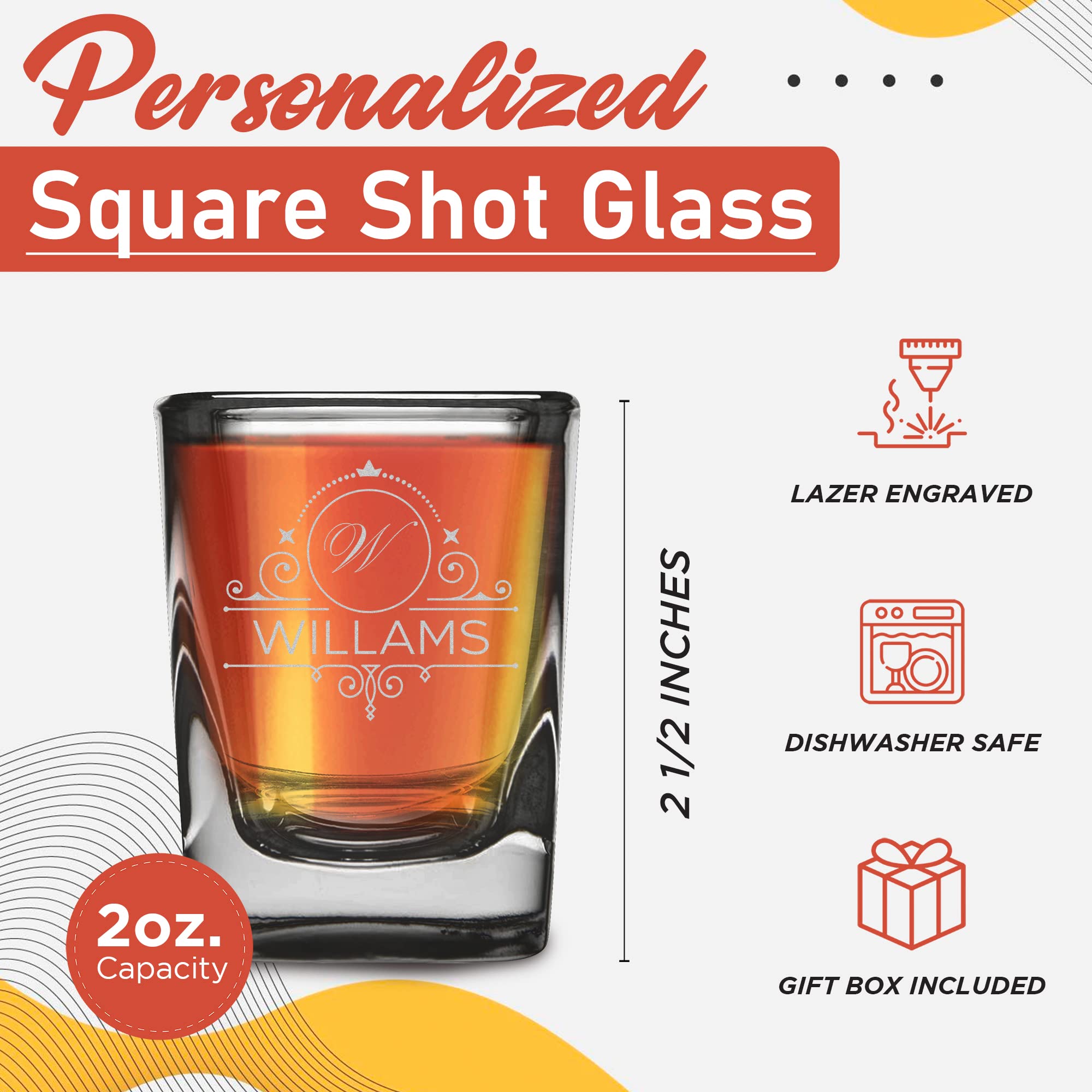 Personalized Monogram Laser Engraved Square Heavy Base Prism Shot Glass 2 oz. with Optional Gift Box, Custom Initial Name Gifts for Him, Her