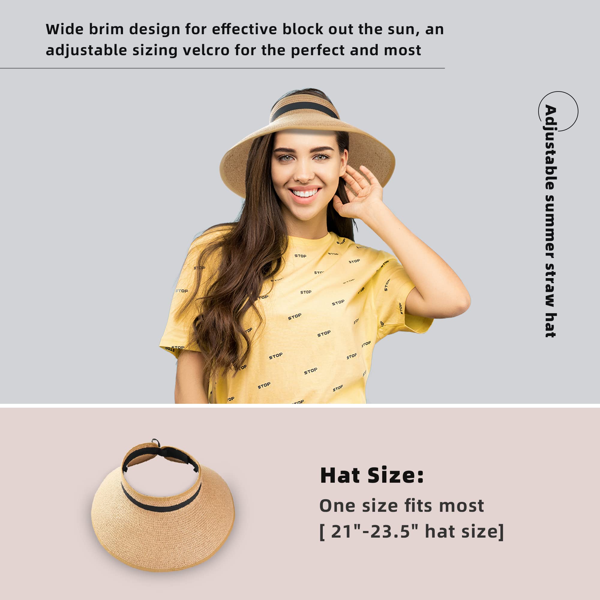 Sun Visor Hats for Women, Summer Beach Hat with Wide Brim, Adjustable Sun UV UPF50+ Protection Visor Hat, Roll Up Ponytail Hat Packable Foldable for Travel Vacation A-Khaki
