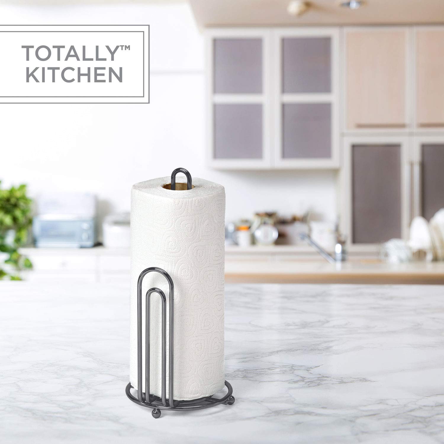 Totally Kitchen Paper Towel Holder | Simple Tear Standing Paper Towel Dispenser | Heavy Duty Metal Construction | Fits Rolls | Gun Metal