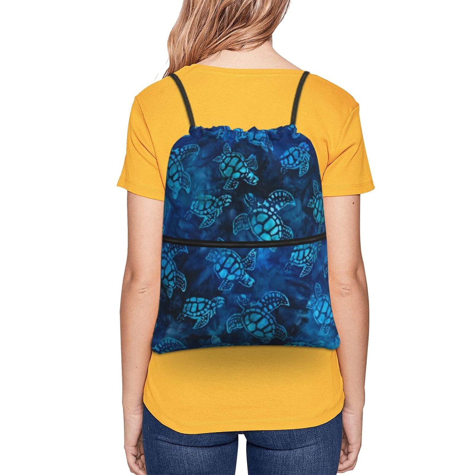 OVPSZFYO Cute Blue Sea Turtle Waterproof Drawstring Backpack Bag Gym for Women Men with Zipper Pocket Light Draw Sports String Back Beach Travel Cinch Sack One Size