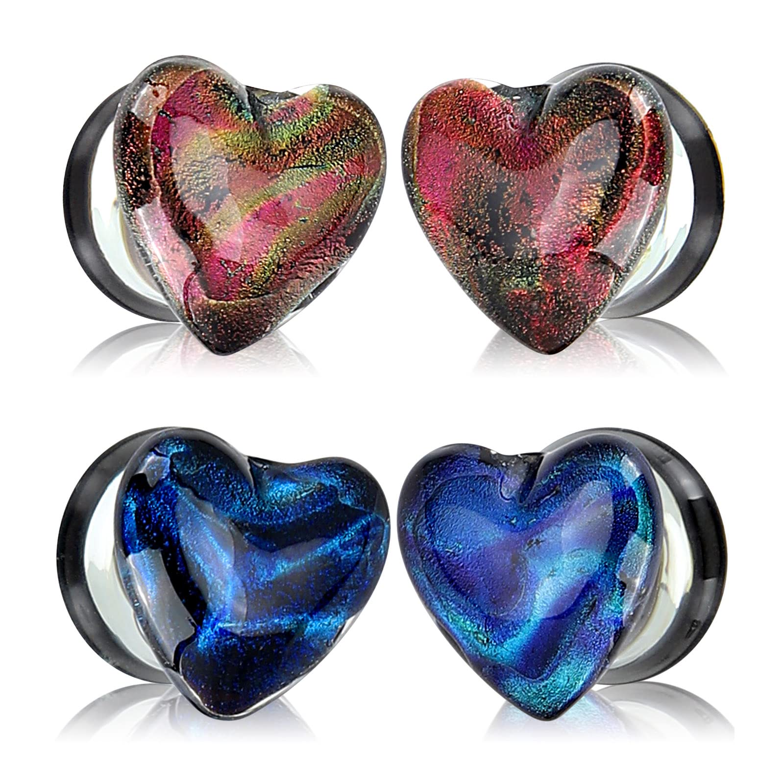 Oyaface 4PC Heart Shape Glass Ear Tapers Plugs Double Flare Gauges Piercing Jewelry Set Purple&Blue 12mm(1/2")