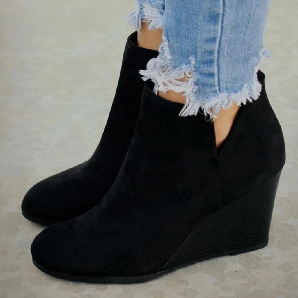 soyienma Boots for Women,Womens Retro Slip-On V-Cut Platform Boots Pointed Toe Ankle Booties Casual Block Heel Short Boots, Z15-black, 9.5-10
