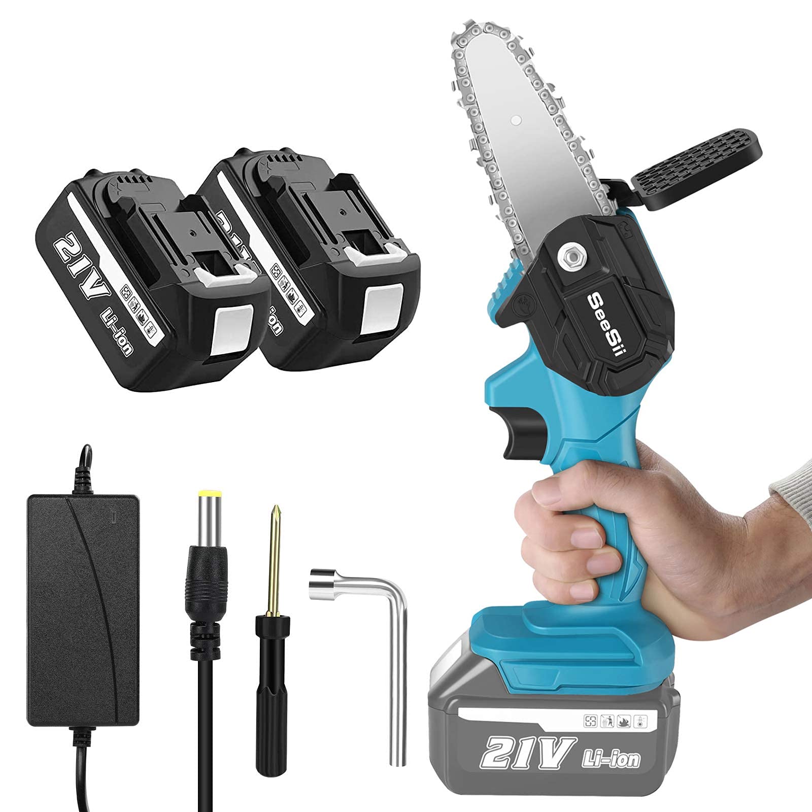 Seesii Mini Chainsaw, 4-Inch 21V Cordless Electric Protable Chainsaw With 2Pcs Batteries,One-Hand Lightweight, Battery-Powered Pruning Shears Chainsaw for Tree Branch Wood Cutting