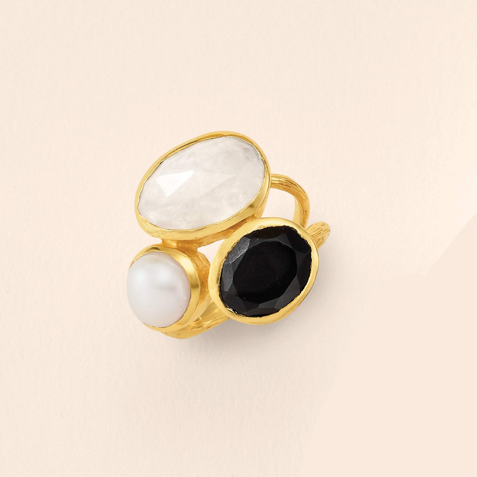Ross-Simons 8mm Cultured Pearl, Black Onyx and Moonstone Ring in 18kt Gold Over Sterling. Size 8