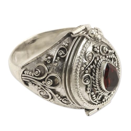 NOVICA Artisan Handcrafted .925 Sterling Silver Garnet Solitaire Locket Ring Red Single Stone Indonesia Birthstone 'Secret Love'
