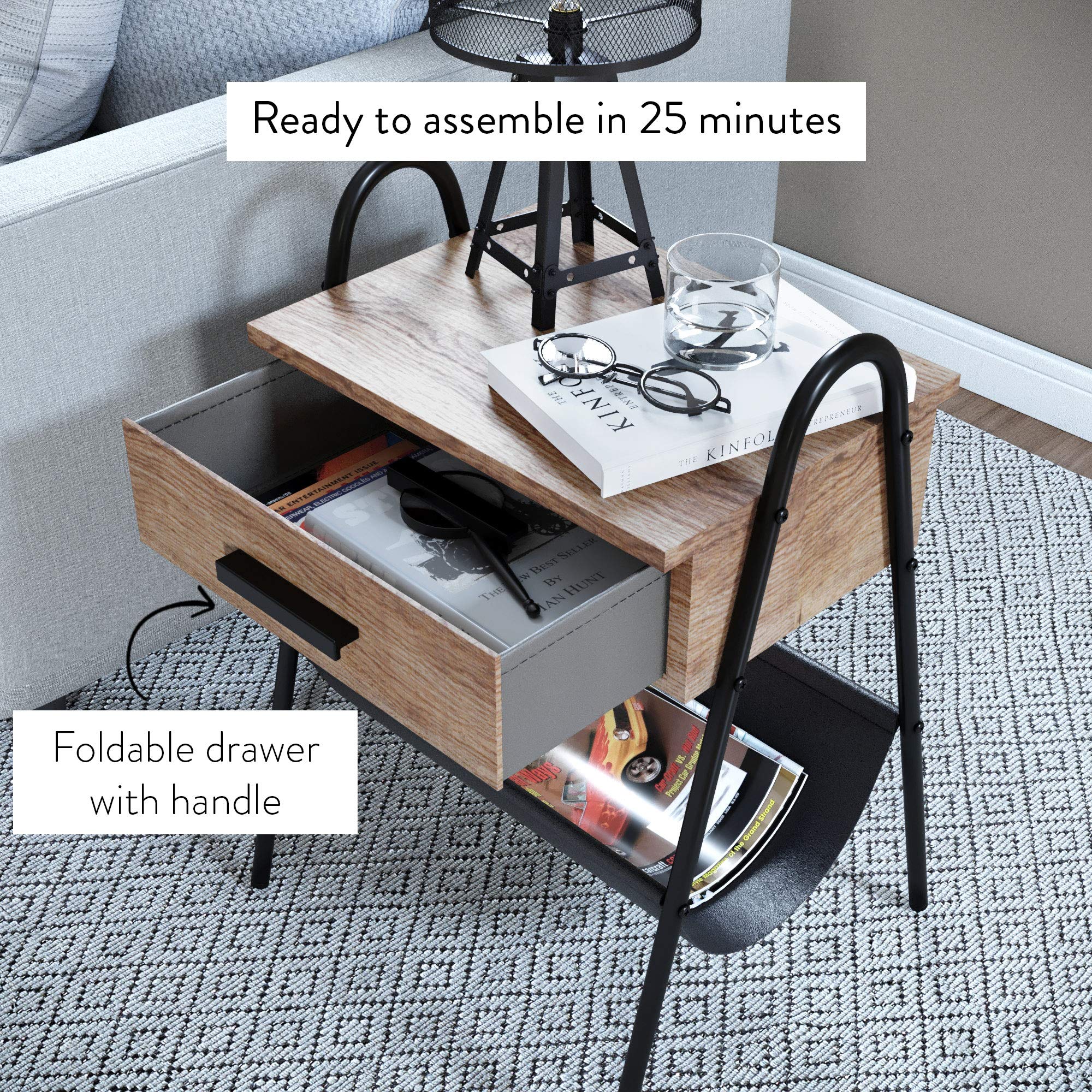 Nathan James Hugo Wood Nightstand, Rustic Accent End or Side Table with Drawer, Durable Black Metal Frame & Leather Hammock, Brown