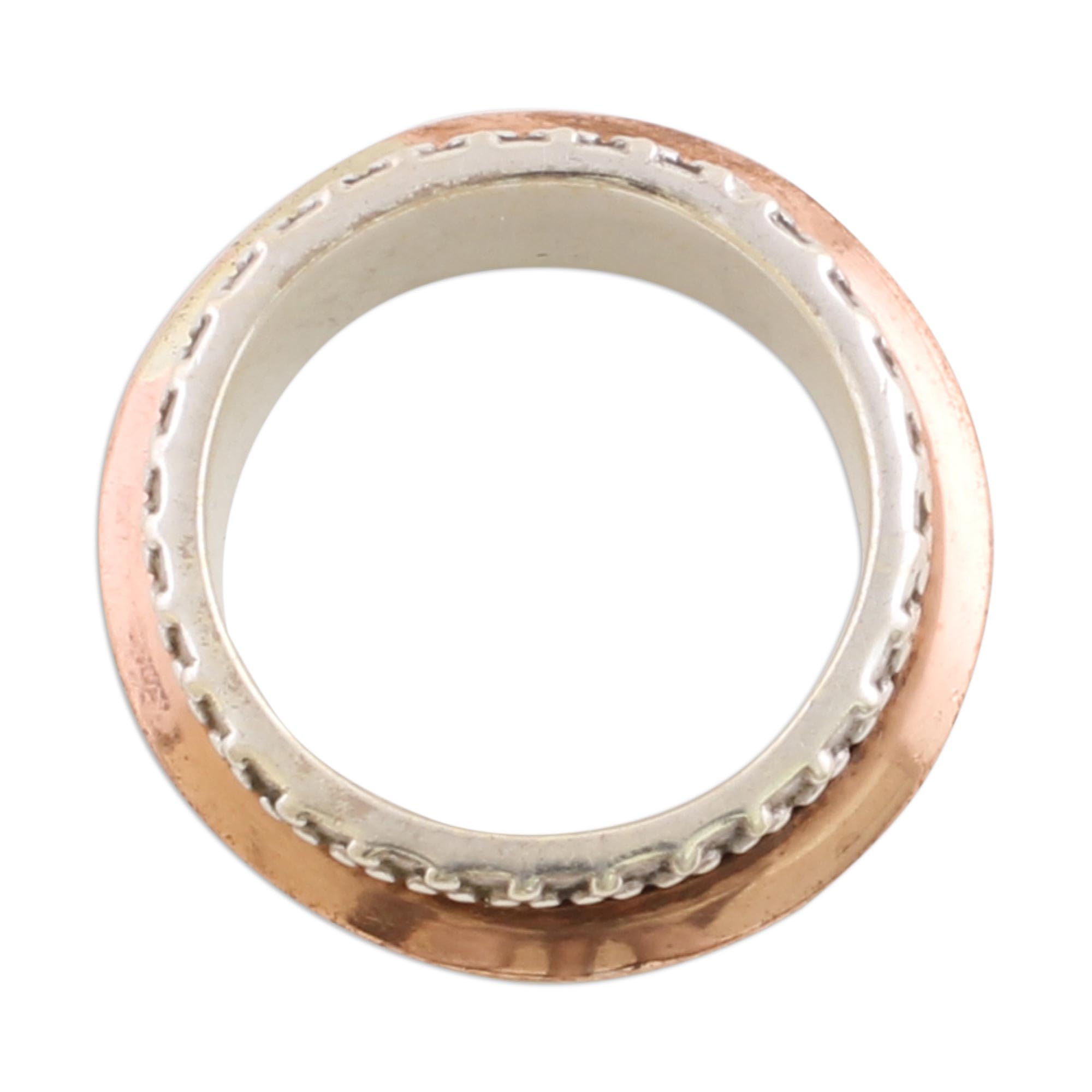 NOVICA Artisan Handmade .925 Sterling Silver Meditation Spinner Ring Copper Brass Textured India Bohemian [band Width 10 mm W] 'Tritone Meditation'