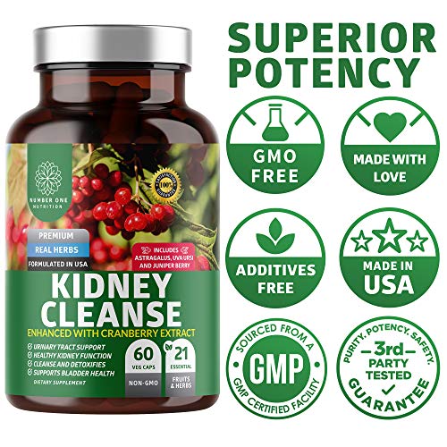 N1N Premium Kidney Cleanse [21 Potent Herbs] for Urinary Tract & Bladder Control, Natural Kidney Support with Cranberry Extract, Astragalus and Uva Ursi Leaf, 60 Veg Caps