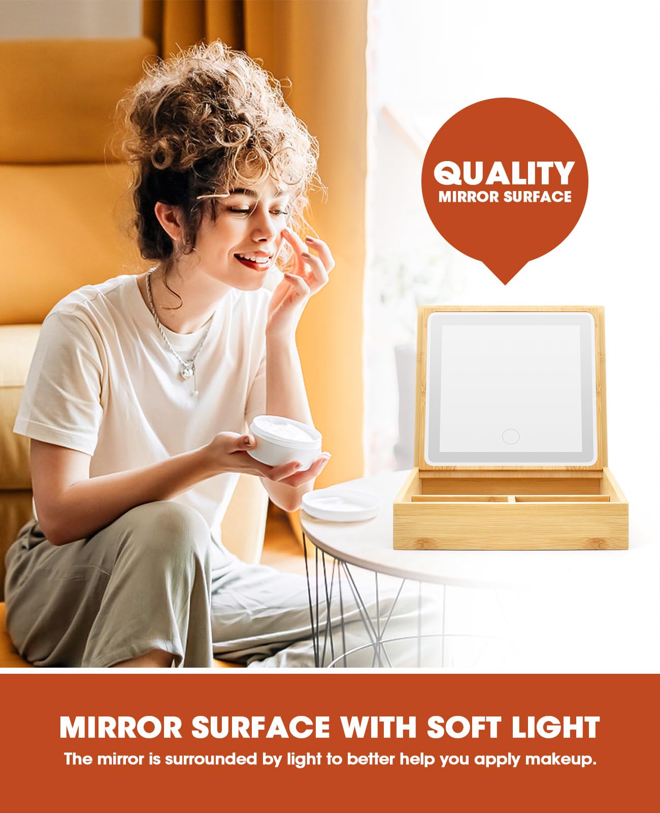 Onism Bamboo Makeup Organizer with LED Light Mirror, Cosmetic Organizer Storage for Store Cosmetics, Makeup Brushes, Jewelry, Hair Accessories, Perfect for Bathroom, Bedroom, Vanity