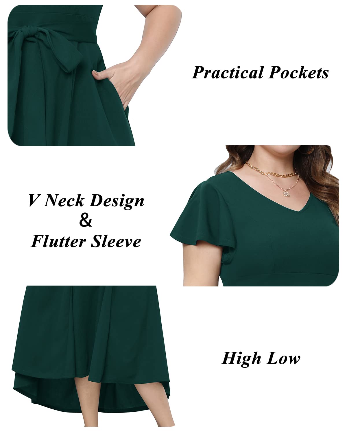 Plus Size Holiday Dress Women Emerald Dark Green High Low V Neck Long Flowy Elegant Dresses with Pockets