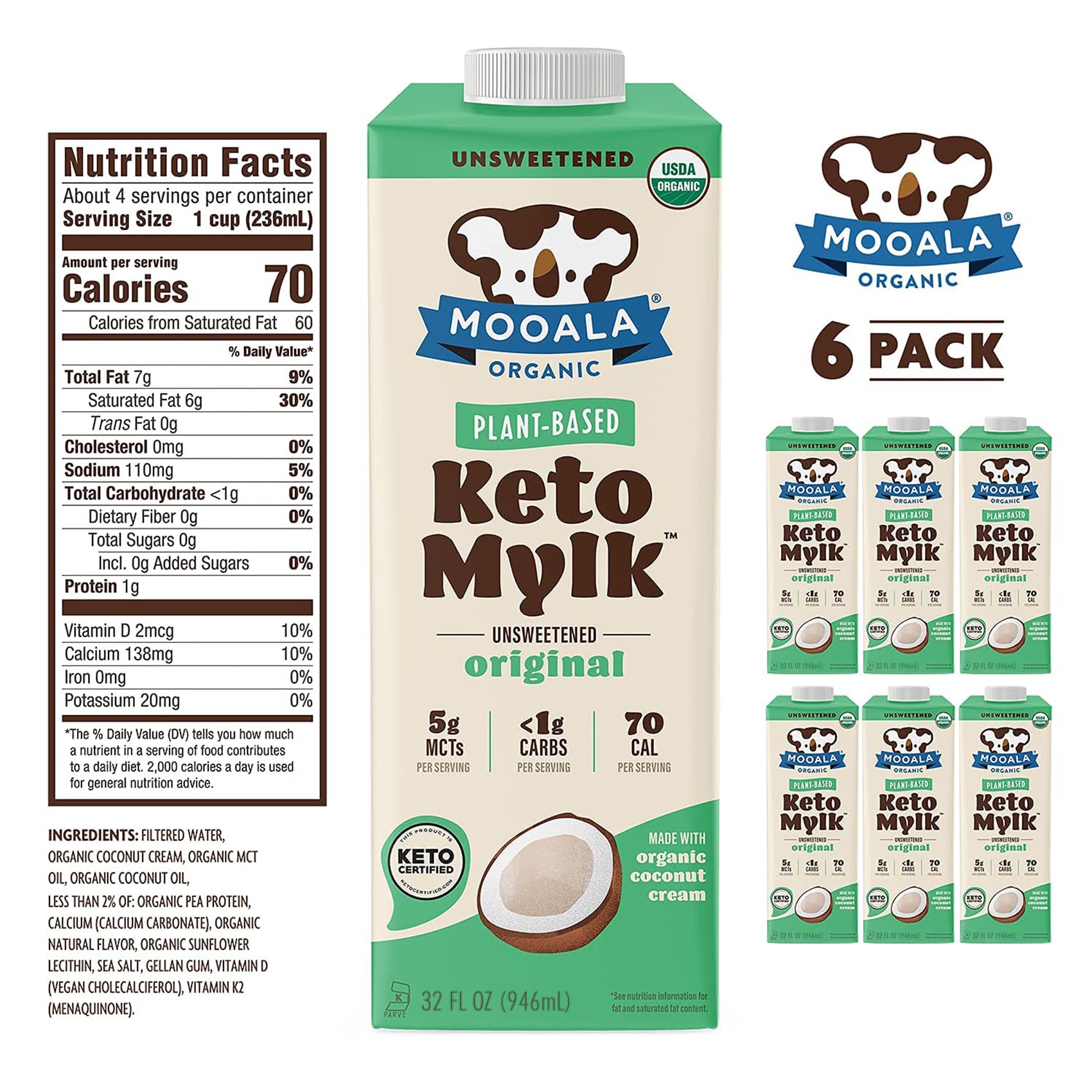 Mooala - Organic Original Keto Mylk, 1L (Pack of 6) β Shelf-Stable, Non-Dairy, Gluten-Free, Soy-Free, Plant-Based Milk With