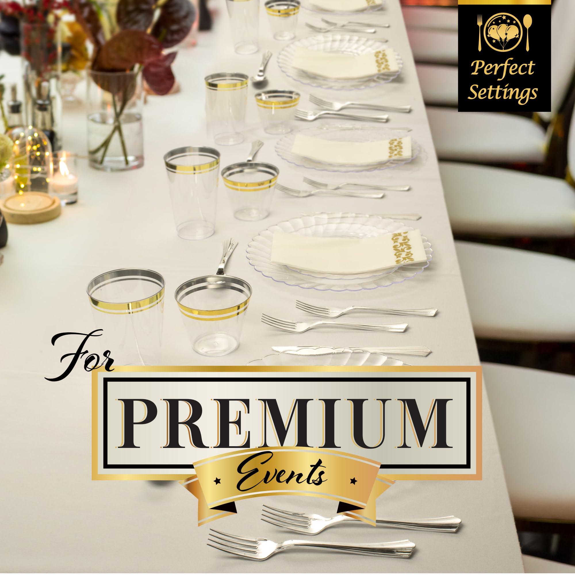 Perfect Settings 100 Premium Hard Plastic Cups Clear Plastic Double Colored Rimmed Cups Fancy Disposable Wedding Cups Elegant Party Cups with Twin Colored Rim (Clear Gold Rim, 16)