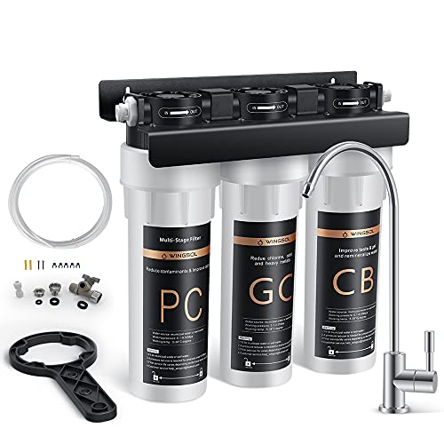 Wingsol Under Sink Water Filter with Faucet, NSF/ANSI 53&42, Life Indicator, Reduce 99.99% Lead, Sediment, Chlorine, Mineralize & Alkalize Water, 3-Stage 10x Life, Quick Change, Municipal &Well Water