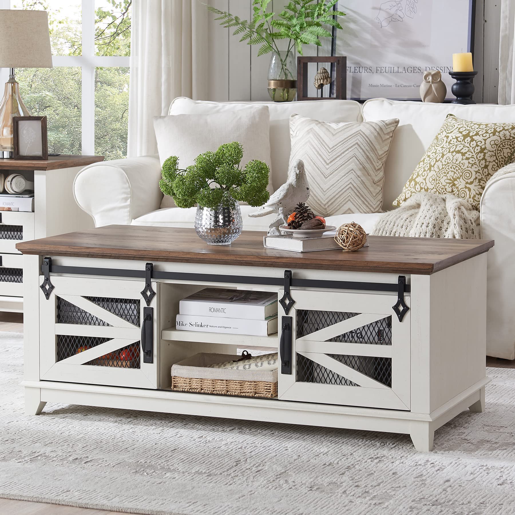 OKD 48'' Coffee Table with Storage & Sliding Barn Doors, Farmhouse & Industrial Cocktail Table w/Adjustable Shelves, Rectangular Rustic Living Room Table for Living Meeting Room, Reclaimed Barnwood