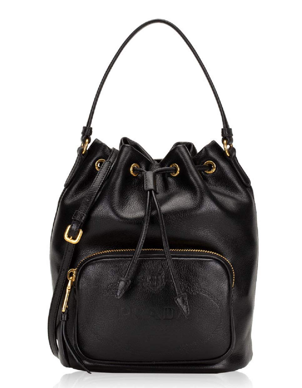 Prada Women's Sechiello Nero Black Glace Calf Leather Bucket Bag 1BH038 (Black)