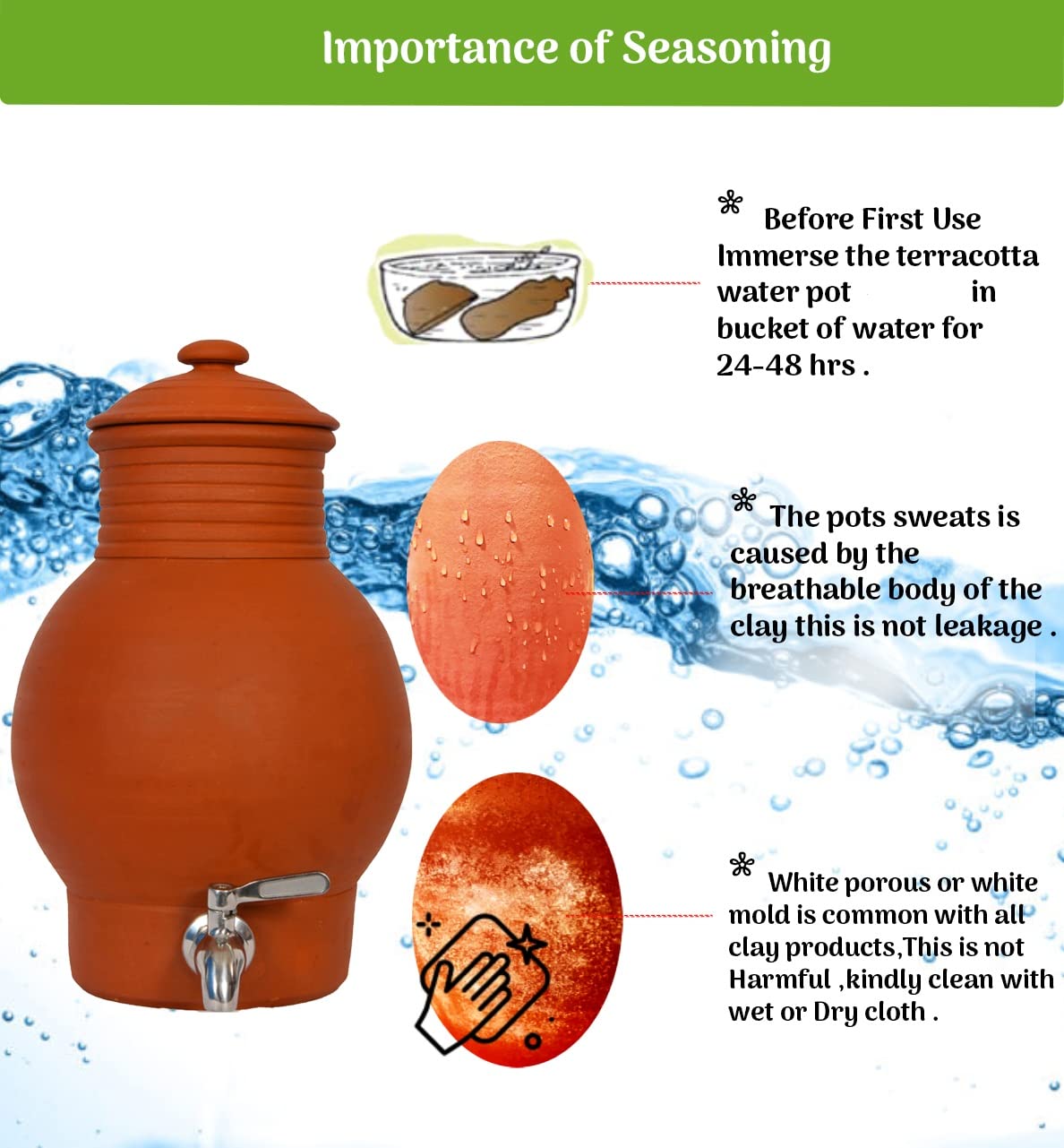 Village Decor HandMade Earthen Clay Water Pot Water Dispenser with Stainless Steel Faucet Spigot | Capacity 135 oz 4000 ml