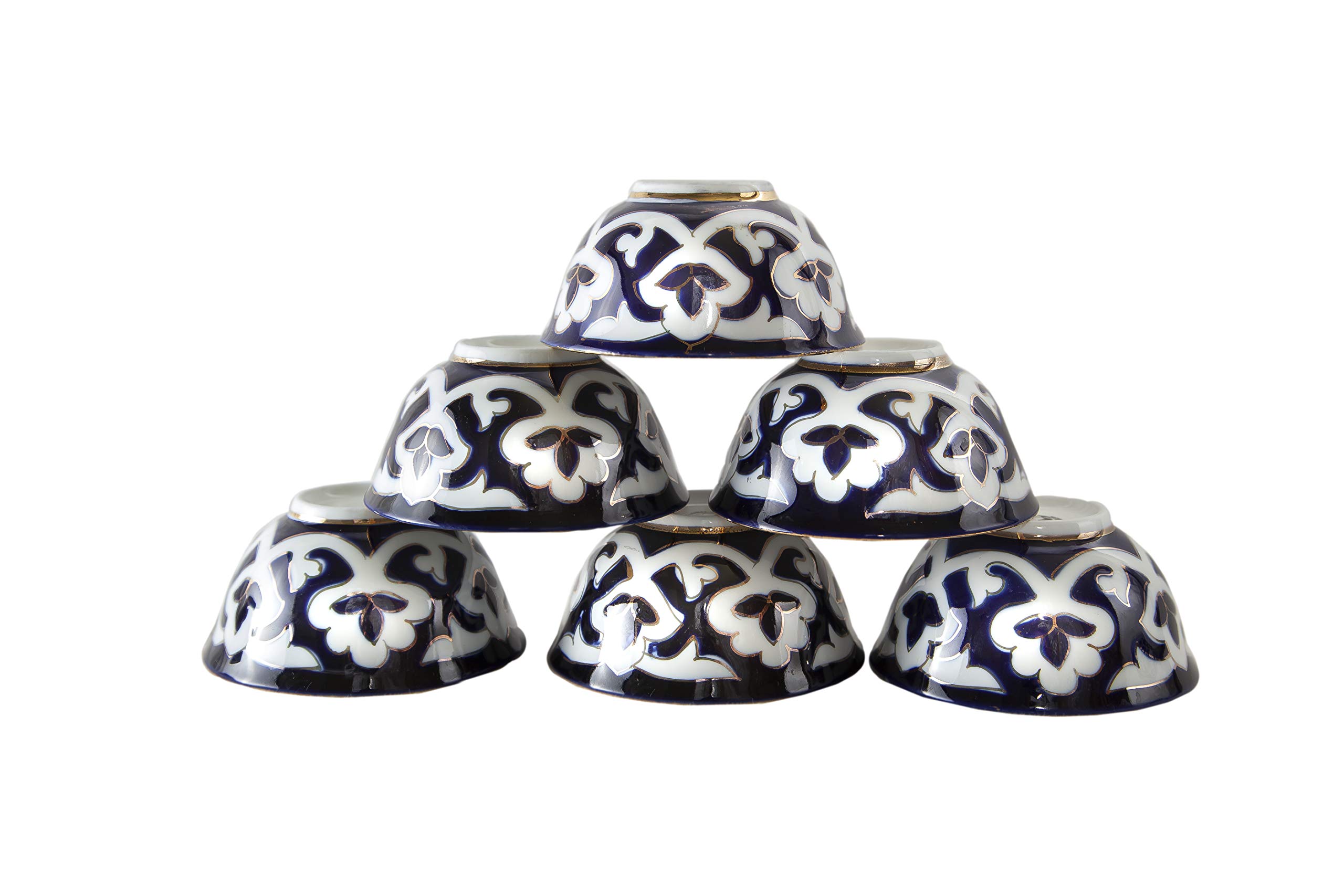 Set of 6 Uzbek Floral Tea Cups 7-Ounce Dark Blue And White Uzbekistan Ceramic Traditional Products NOT FAKE - FREE Uzbek Cookbooks Included