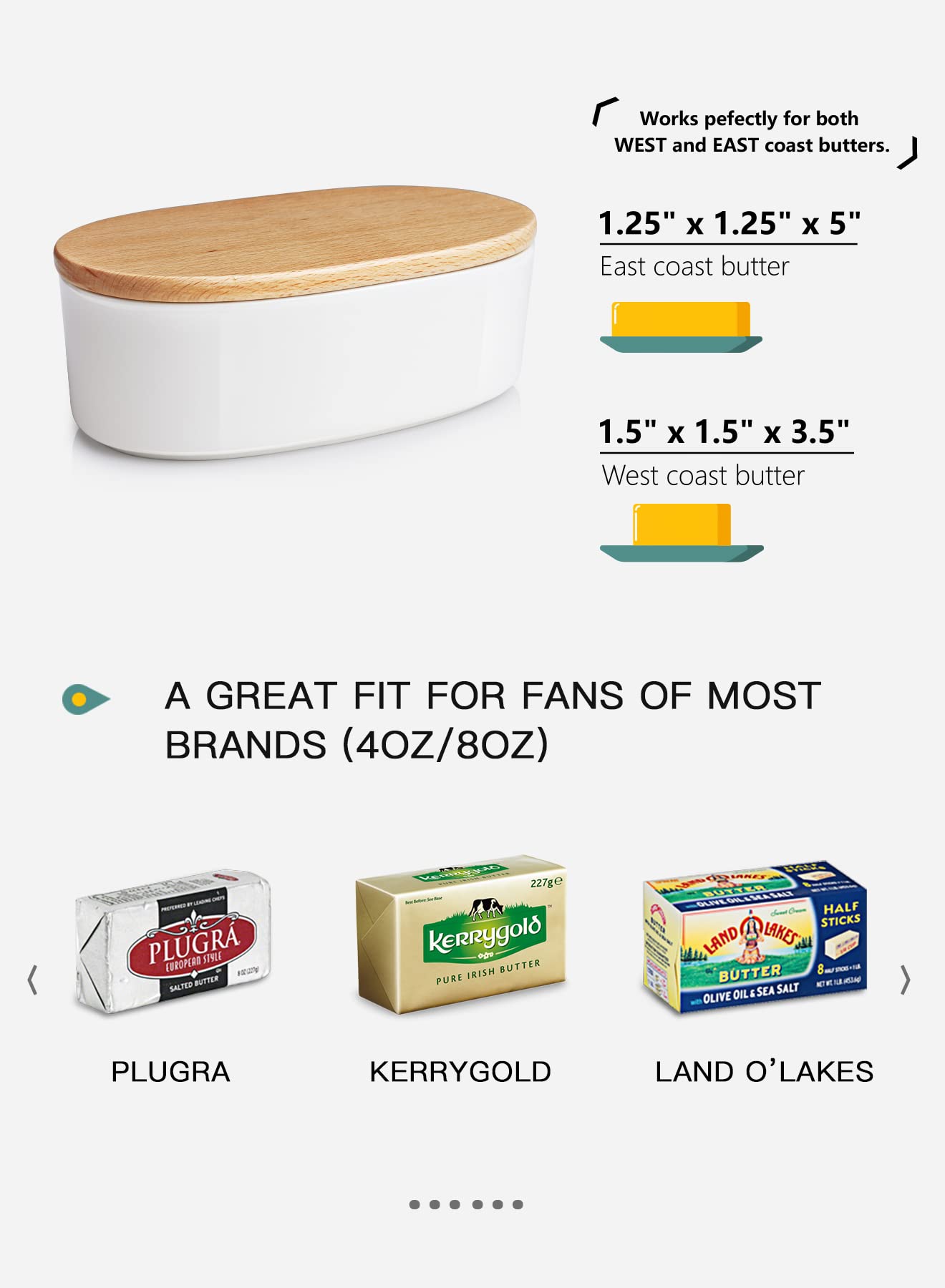 Sweese 331.101 Airtight Butter Dish, Oval Butter Dish with Lid for Countertop - Large Butter Keeper Container - Butter Dishes with Cover for 2 Stick of Butter - Housewarming, Kitchen Gift- White