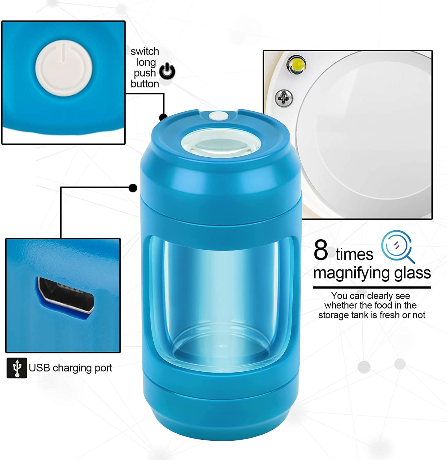 METSHOW Light-Up LED Transparent Seal Storage Jar，Magnifying Viewing Glass Airtight Jar with Grinder ，8 x Magnification Glass (Blue)