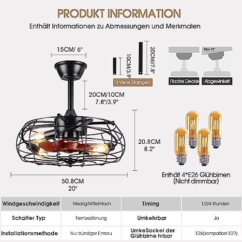 Mpayel Farmhouse Ceiling Fan with Light and Remote Control, Caged Ceiling Fan with 4 Led Bulbs, Enclosed Ceiling Fan with LED Light for Porch,Patios,Kitchen,Bedroom Indoor and Outdoor…